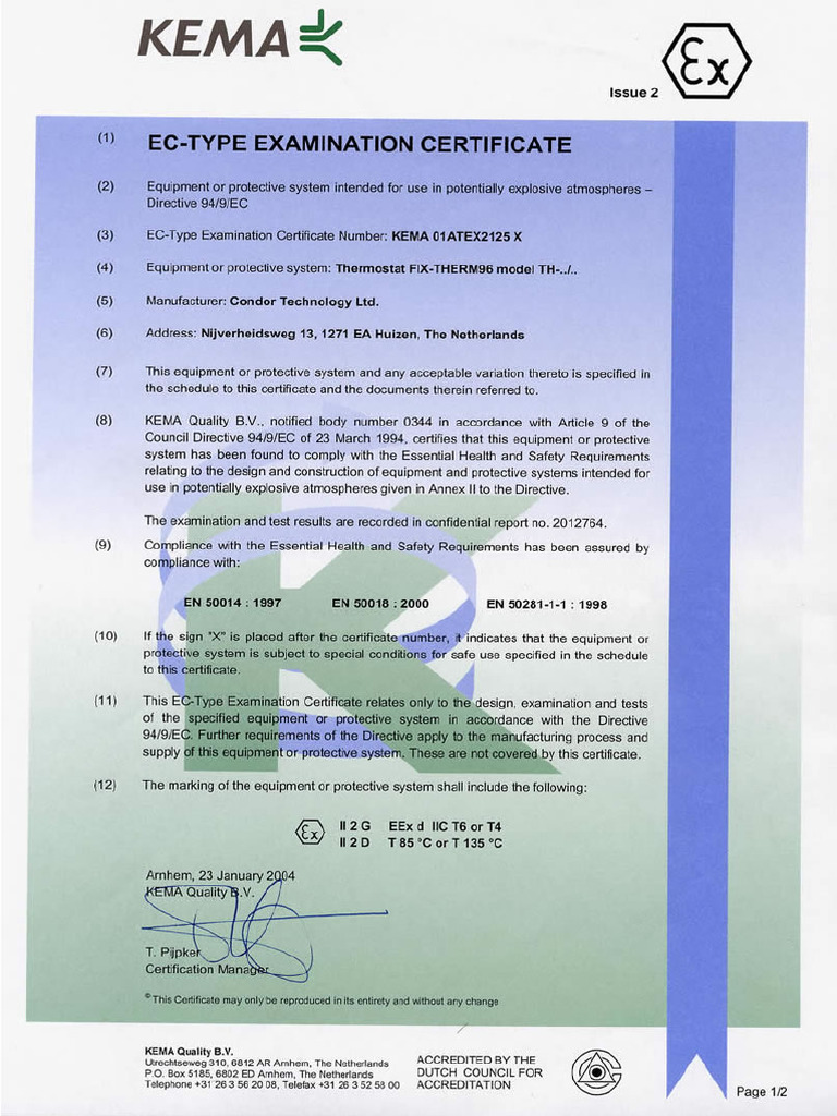 Thermostat Fixtherm 96 Kema 01atex2125 x.15860749 | PDF