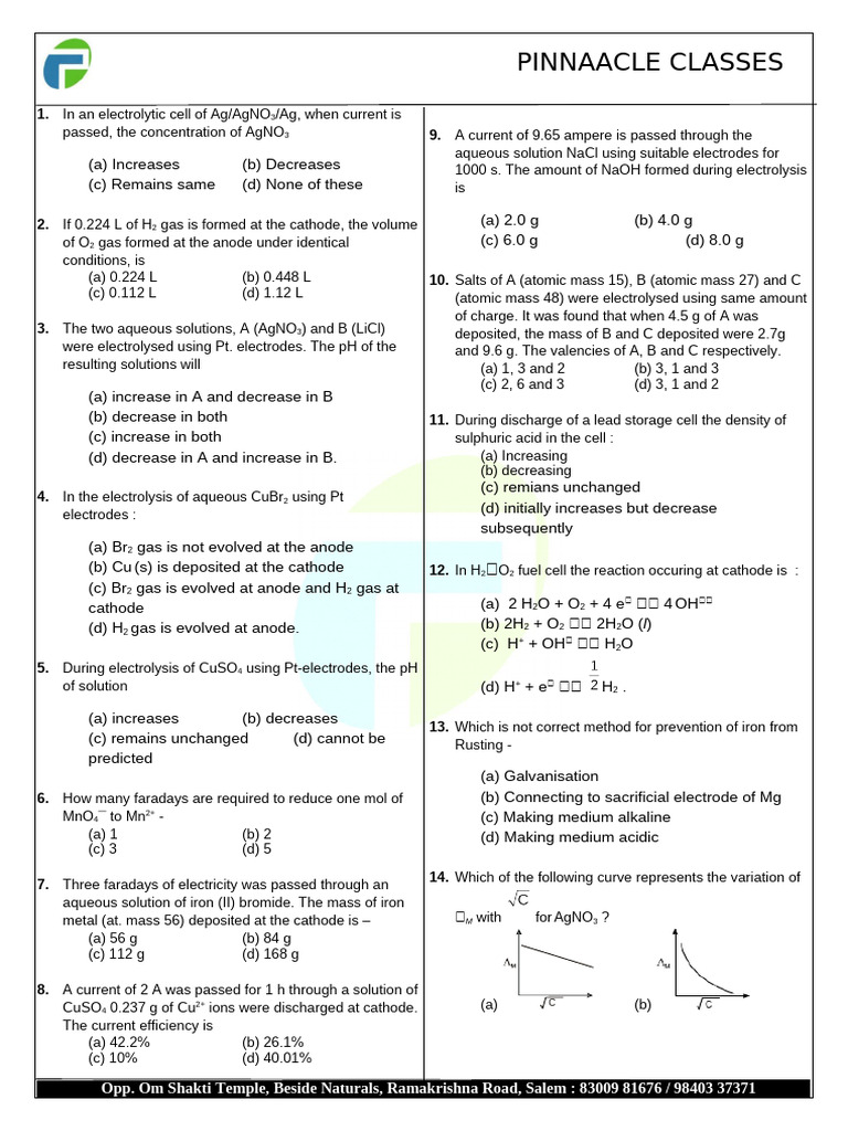 Electrochemistry Numericals | PDF | Electrochemistry | Redox