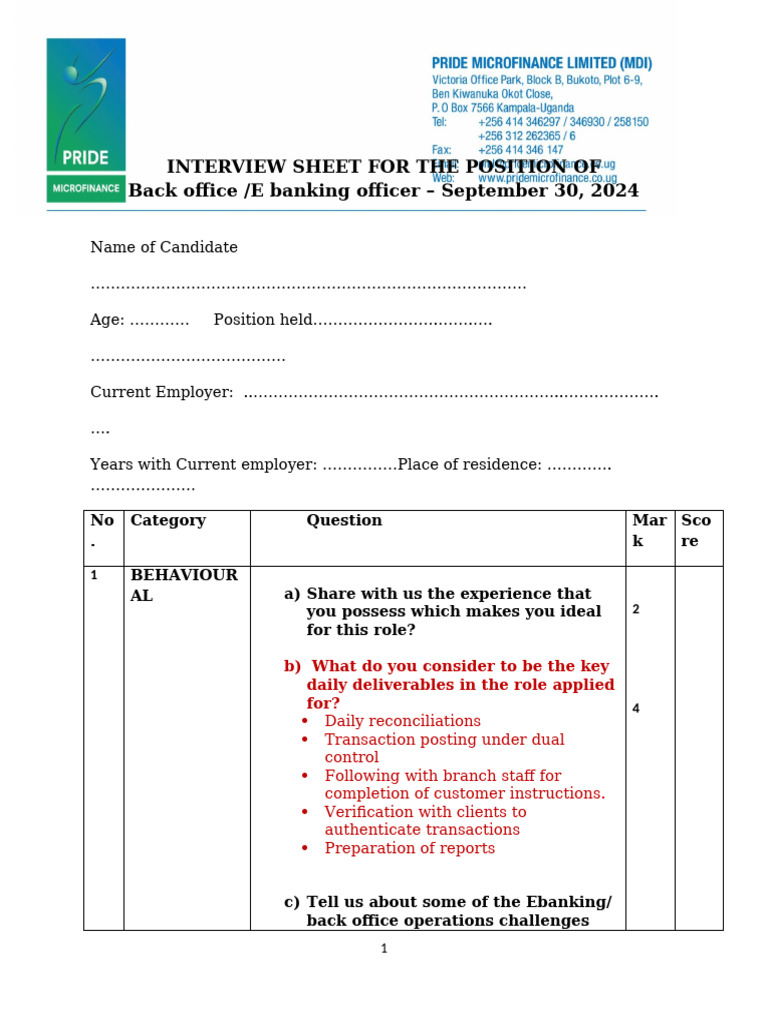 Back Office E-Banking Officer Interview Sheet | PDF | Banks | Business