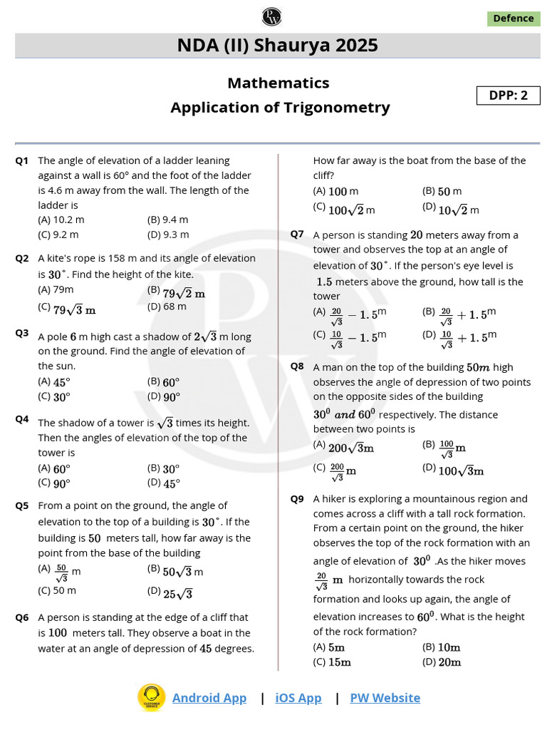 Application of Trigonometry - DPP 02 | PDF | Angle