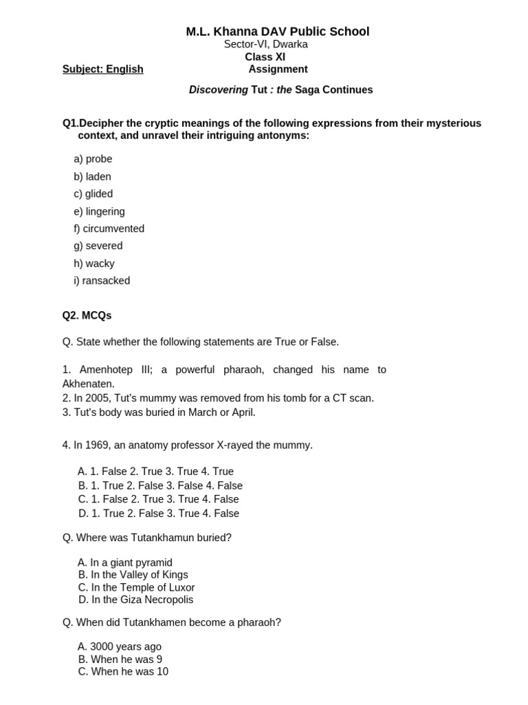 Discovering Tut: The Saga Continues Assignment | PDF