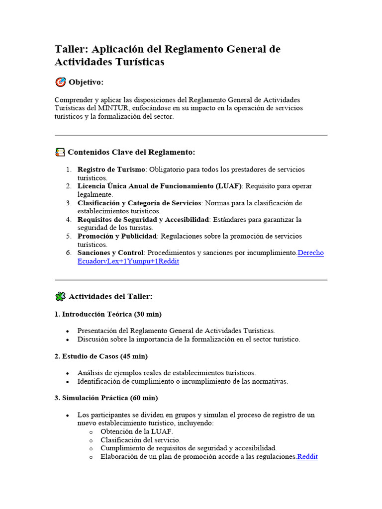 Taller Reglamento de Actividades Turisticas | PDF