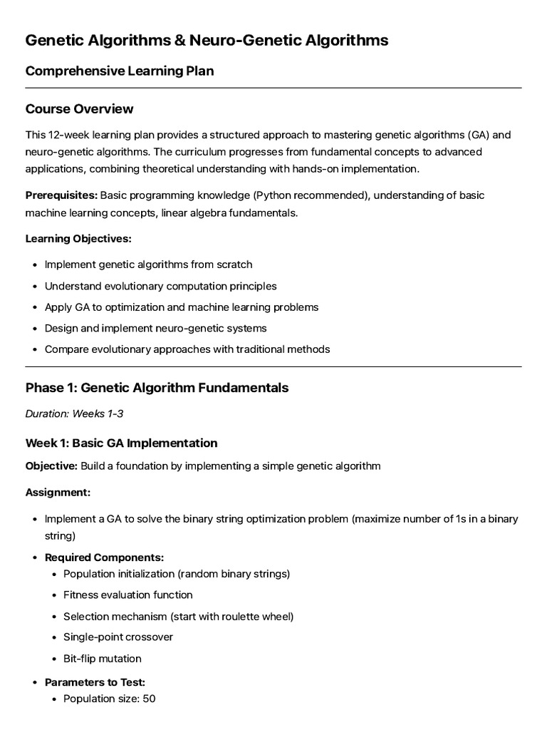 Genetic Algorithms & Neuro-Genetic Algorithms Learning Plan | PDF | Genetic Algorithm ...