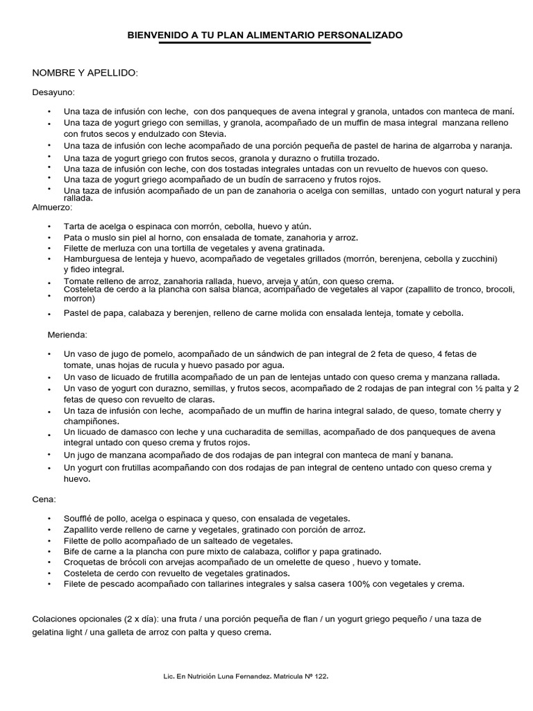 Plan Alimentario Personalizado PDF | PDF | Alimentos | Cocina
