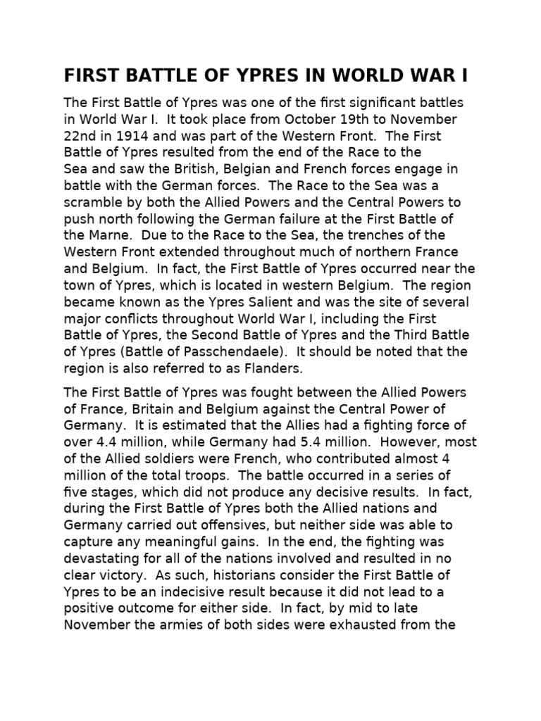 First Battle of Ypres Overview 1914 | PDF | Western Front (World War I ...