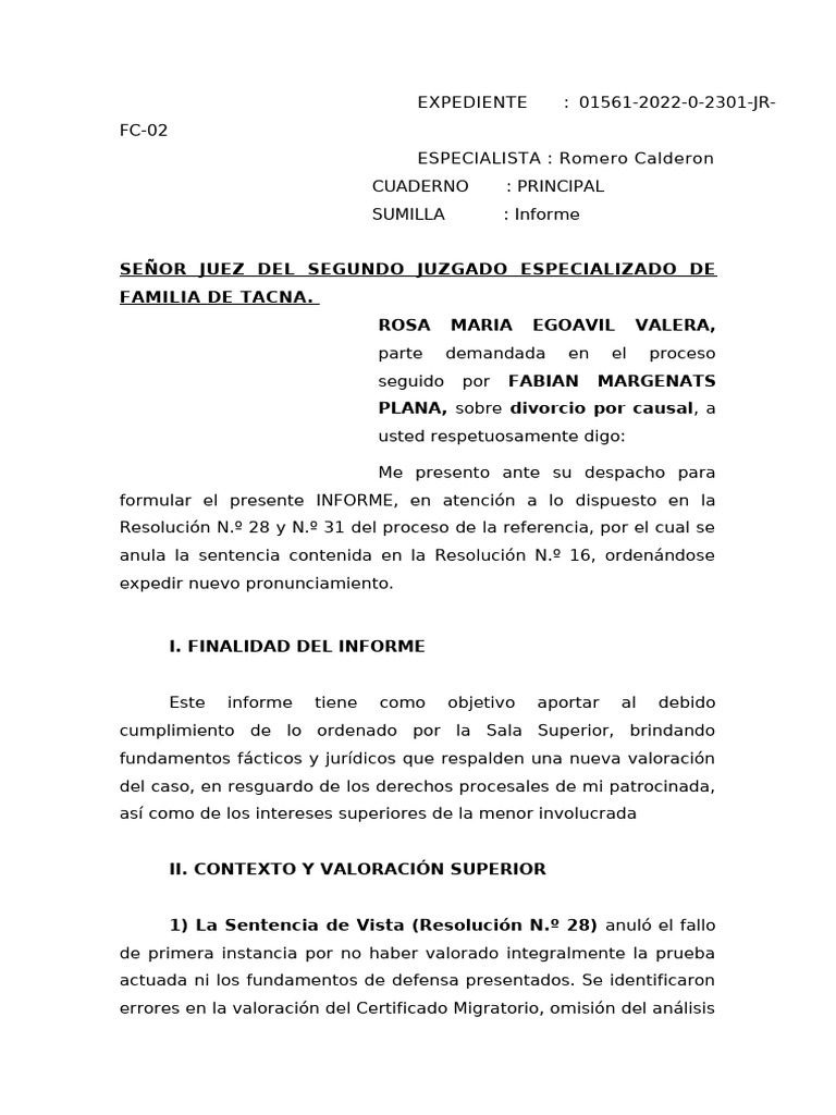 Escrito - Informe - Rosa Maria Egoavil Valera | PDF | Divorcio | Justicia