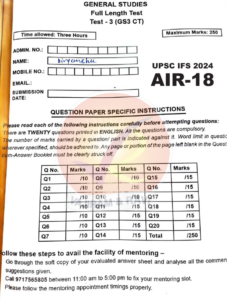 Divyanshu Pal Nagar Upsc Ifs 2024 Air 18 Gs 3 A4f75e6dbf | PDF