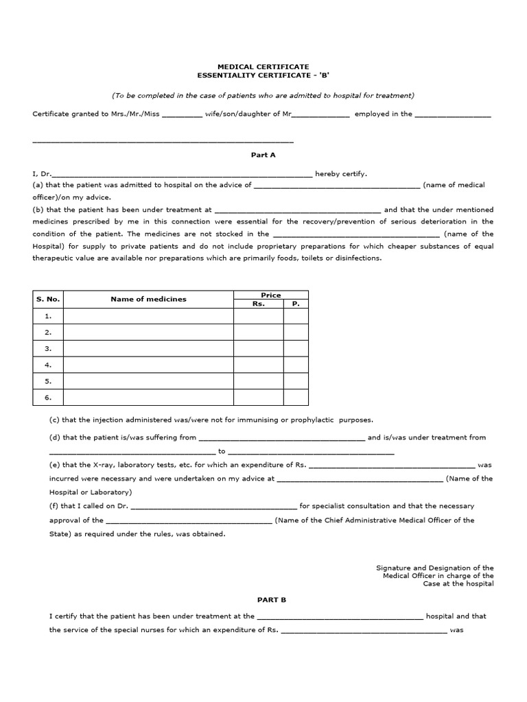 Essentiality Certificate B | PDF | Hospital | Patient