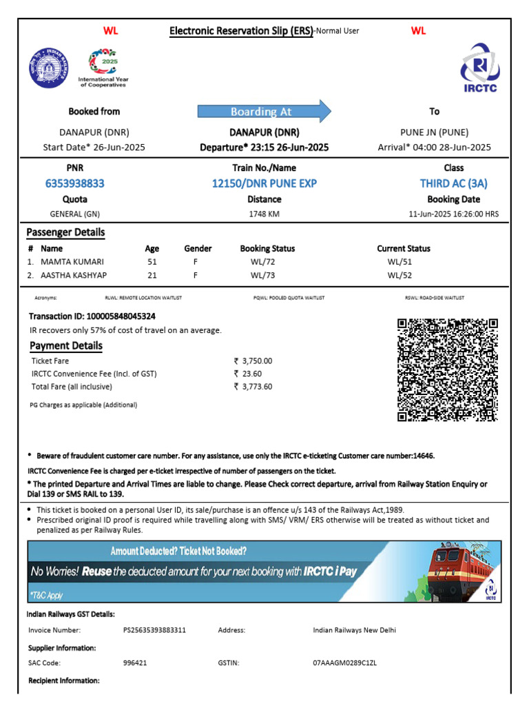 12150/DNR PUNE EXP Third Ac (3A) : WL WL | PDF | Identity Document | Payments