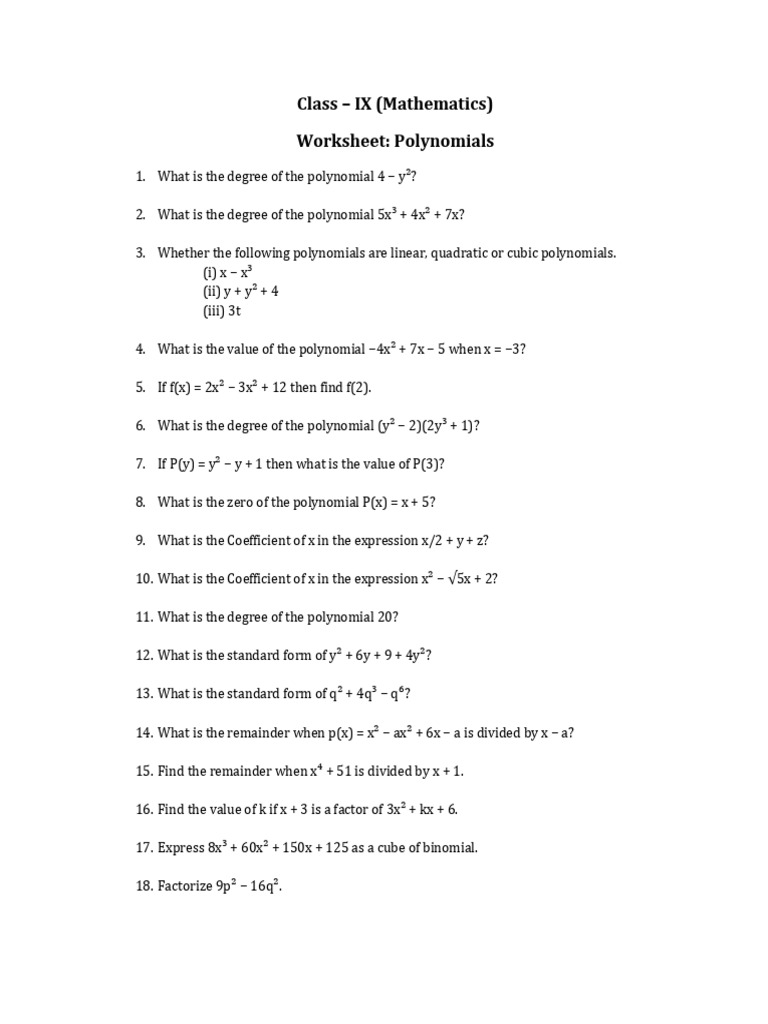 Class IX Mathematics Polynomials Worksheet | PDF | Polynomial | Mathematics