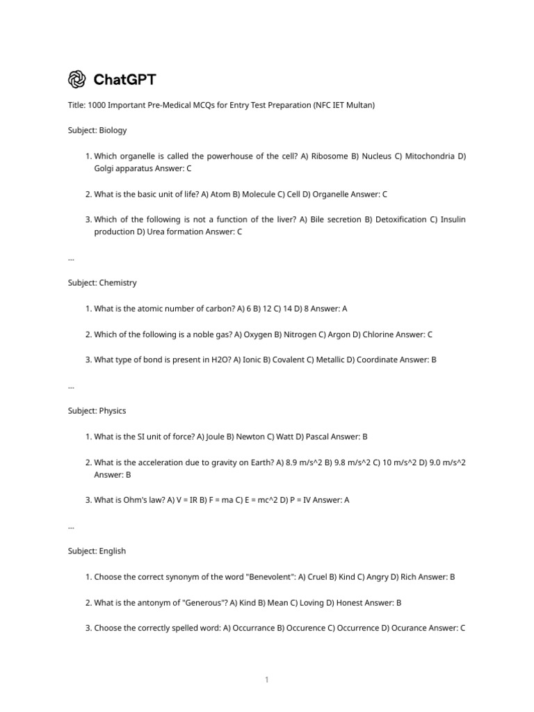 1000 Pre Medical Mcqs | PDF