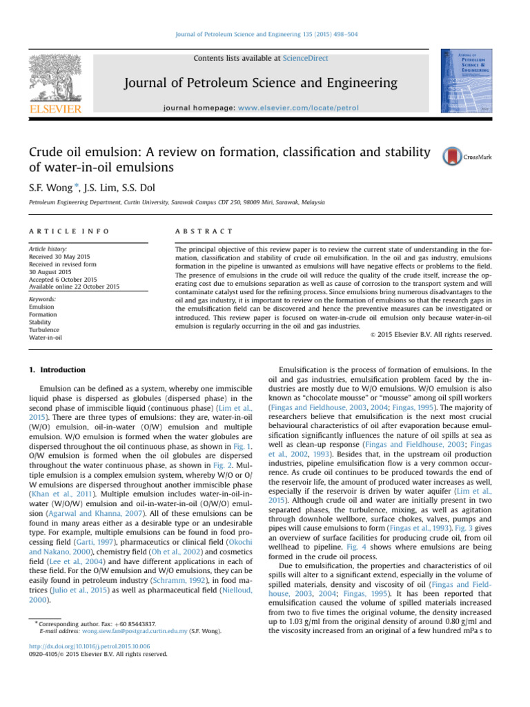 Water-in-Oil Emulsions: Formation and Stability | PDF | Emulsion ...