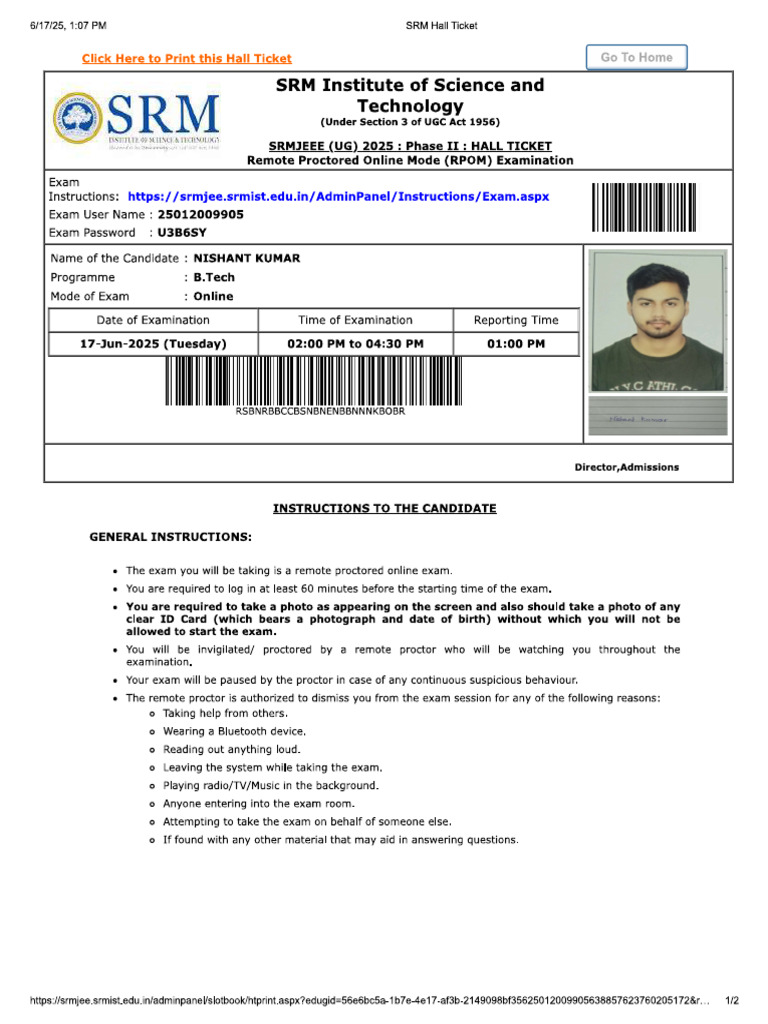 SRM Hall Ticket | PDF