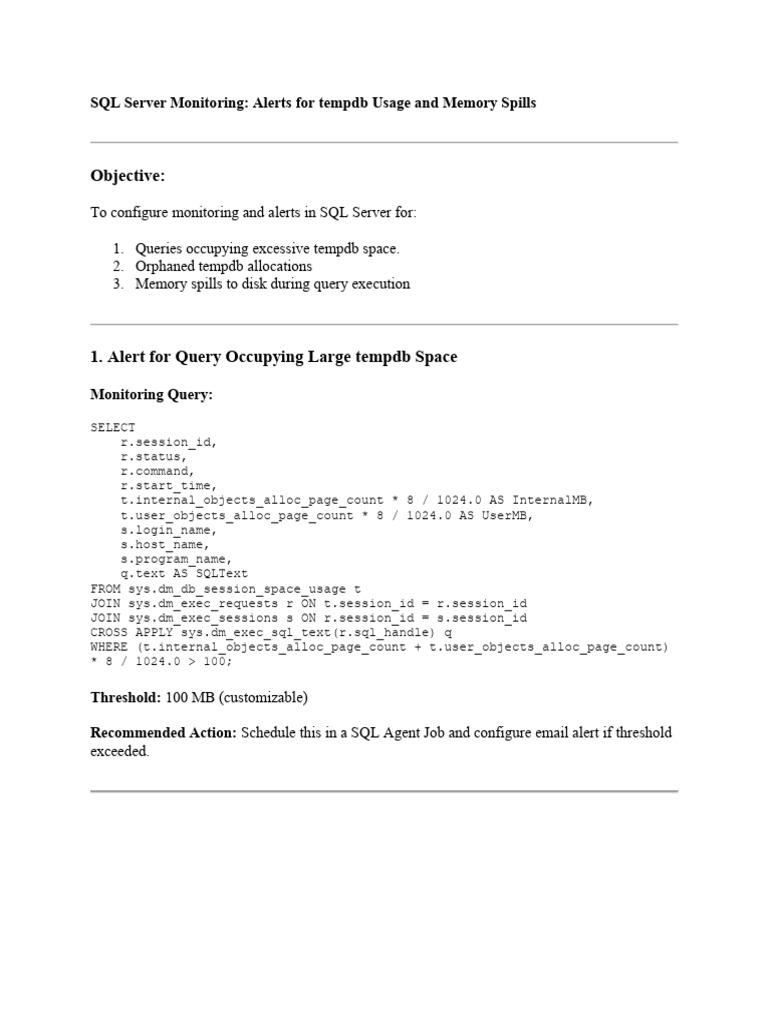Alerts For Tempdb Usage And Memory Spills Pdf Microsoft Sql Server