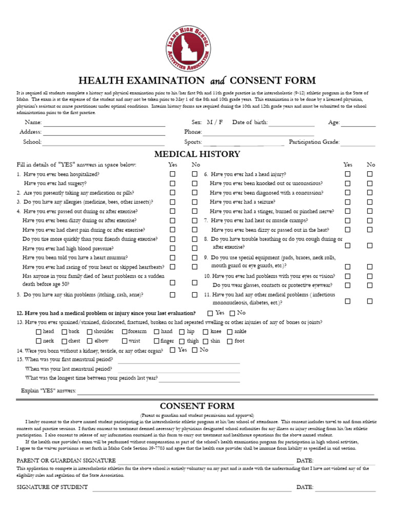 Idaho High School Athletic Health Form | PDF | Physical Examination ...