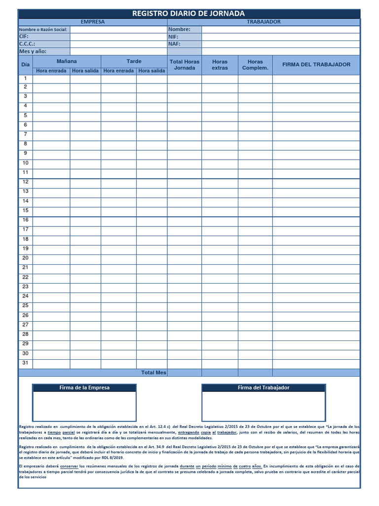 Modelo de Registro Jornada | PDF