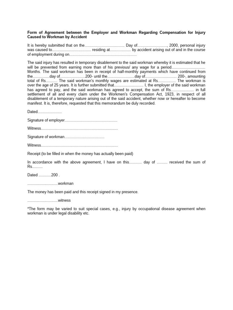 Form of Agreement Between The Employer and Workman Compensation For ...