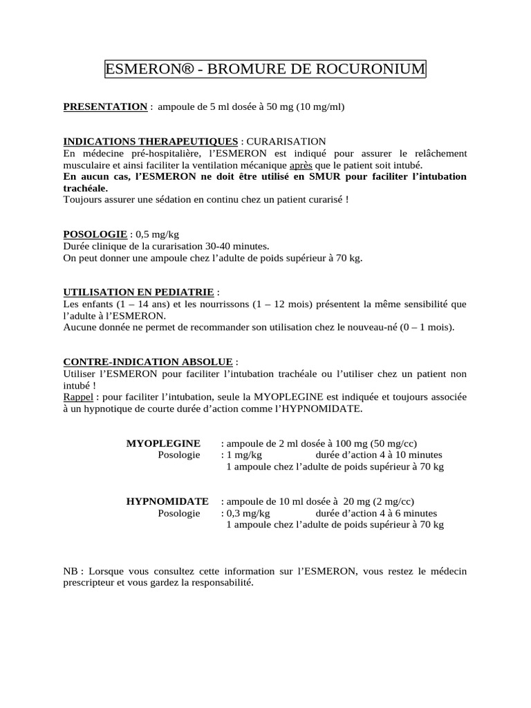 Utilisation et posologie de l'Esmeron | PDF | Médecine clinique ...