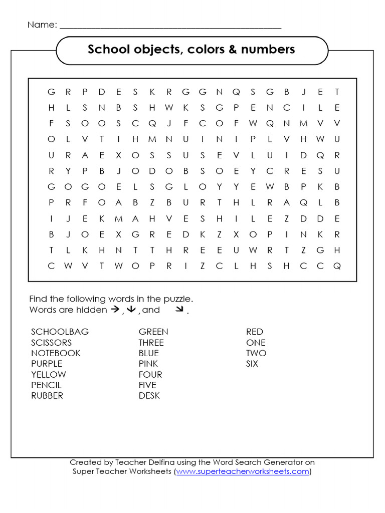School Objects, Colors and Numbers - Wordsearch | PDF | Word Search | Graphic Design