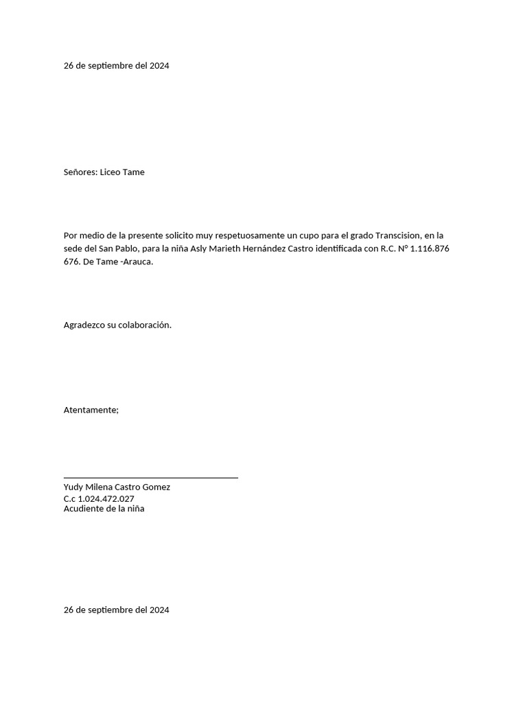 Carta de Solicitud Asly | PDF