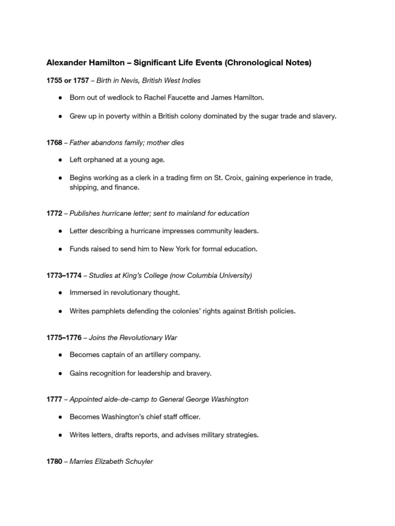 Hamilton's Key Life Events Timeline | PDF | Alexander Hamilton ...
