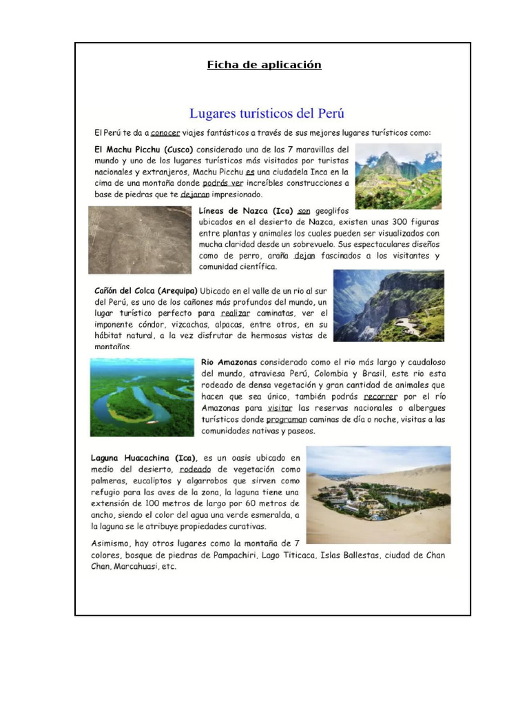 Ficha de Aplicación Leemos Sobre Lugares Turísticos Del Perú | PDF