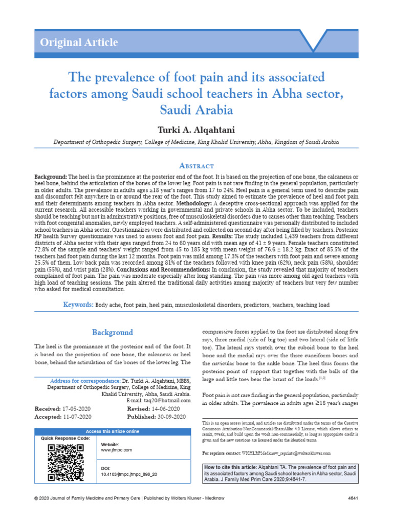 Prevalence of Foot Pain in Saudi Teachers | PDF | Foot | Pain
