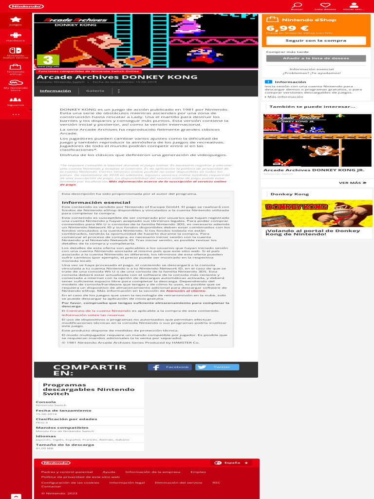 Arcade Archives DONKEY KONG Programas Descargables Nintendo Switch Juegos Nintendo | PDF ...