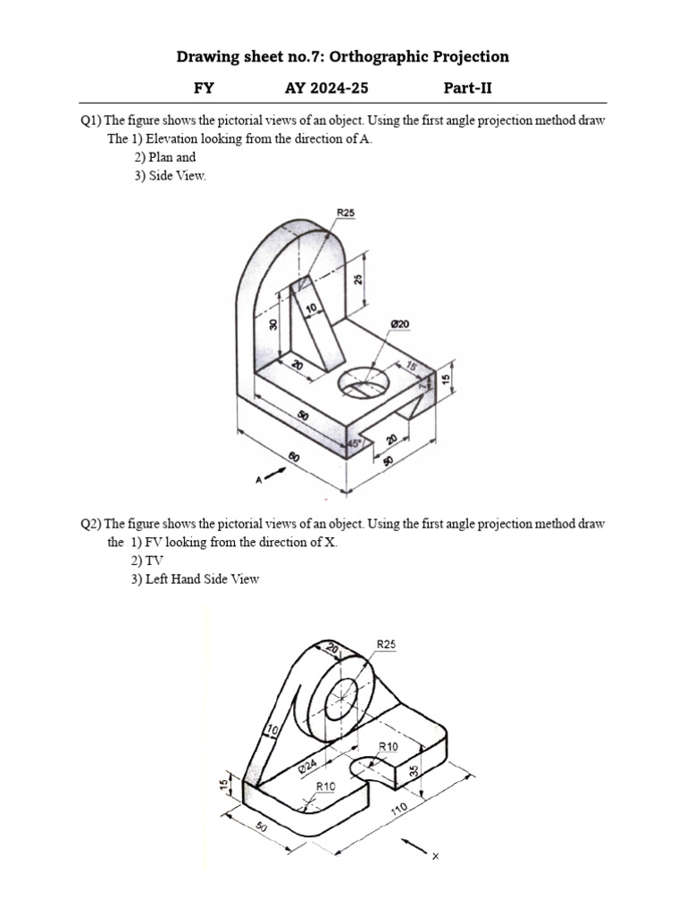 Drawing Sheet No.7 Orthographic Projection AY 24-25 Part-II | PDF