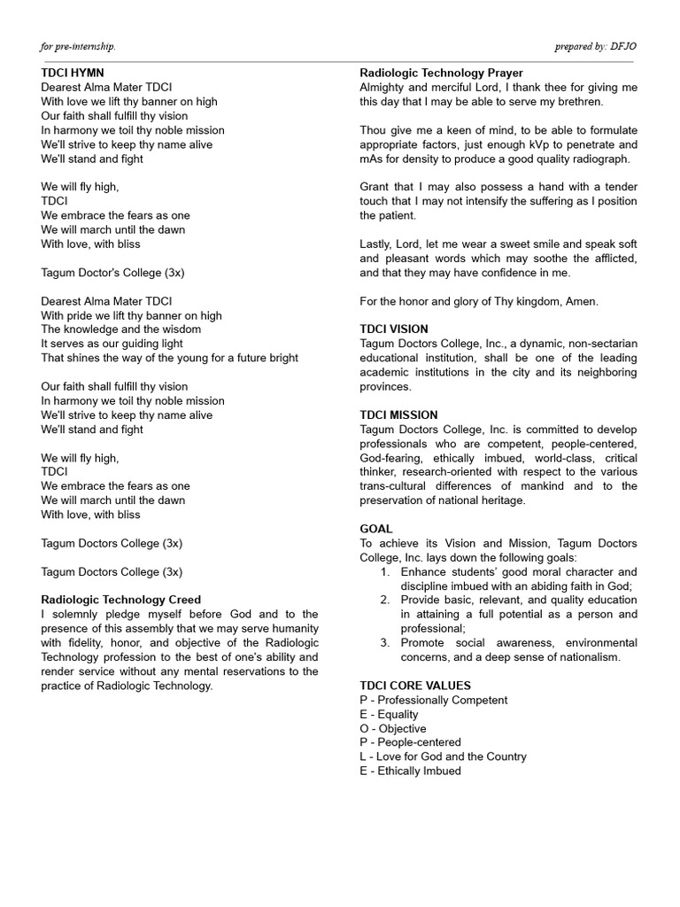 TDCI Hymn and Radiologic Creed | PDF