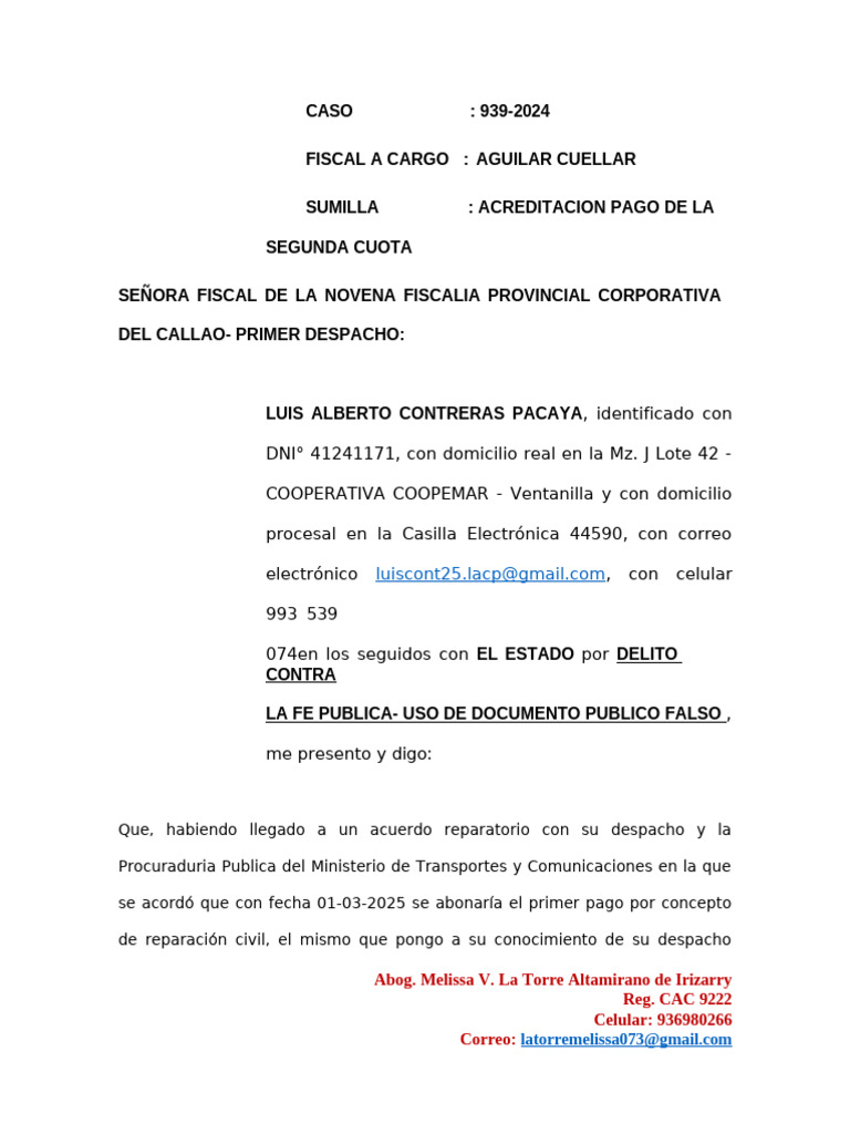 Acredito Pago Reparacion Civil - Luis Contreras Pacaya | PDF