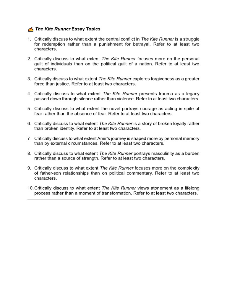 The Kite Runner Essay Topics and Quotes 2025 | PDF