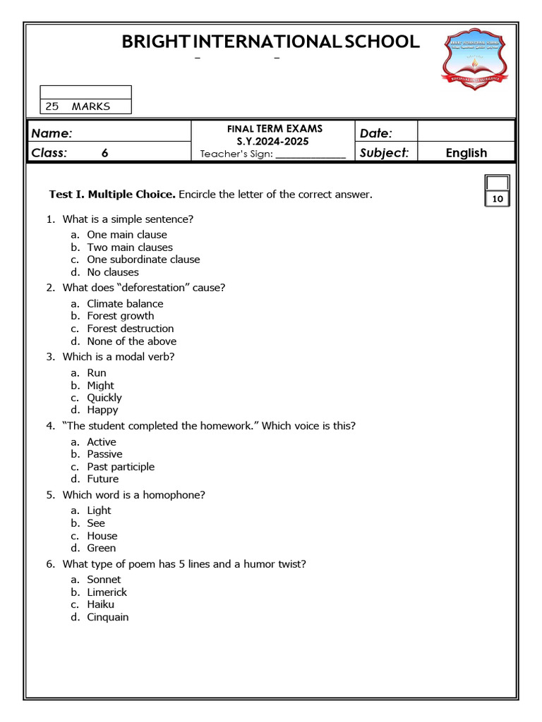 English 6 Final Term Exams | PDF | Poetry | Sentence (Linguistics)