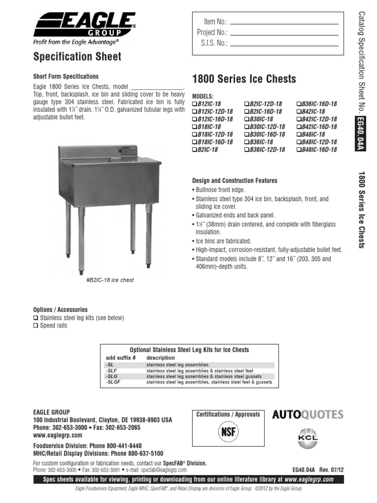 Eagle 1800 Series Ice Chests Specs | PDF