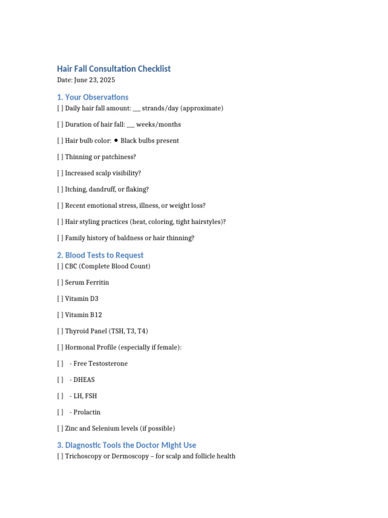 Hair Fall Consultation Checklist Guide | PDF | Hair Loss | Hair