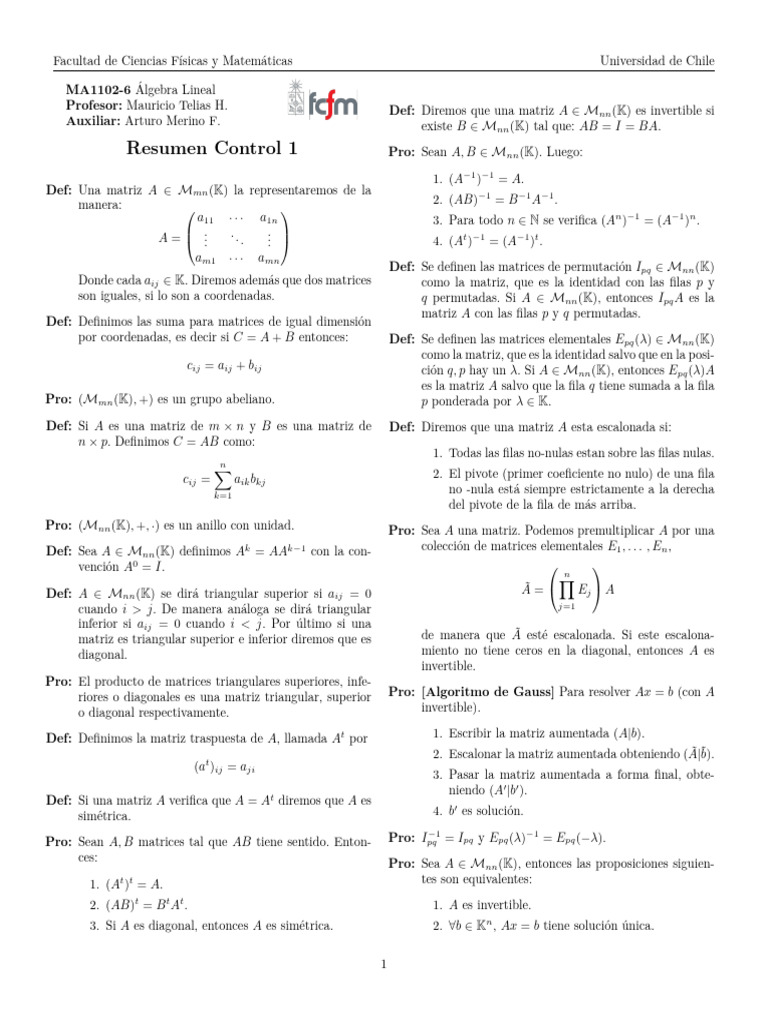 Resumen C1 | PDF | Matriz (Matemáticas) | Funciones y mapeos