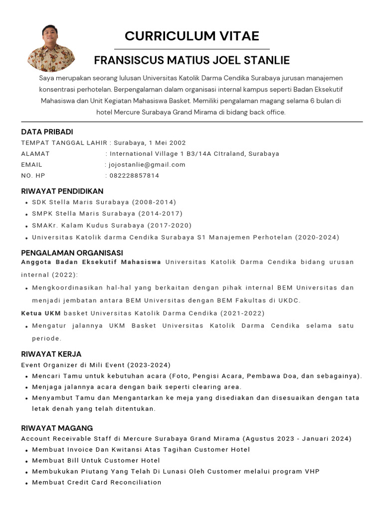 Contoh CV ATS Mahasiswa Perhotelan | PDF