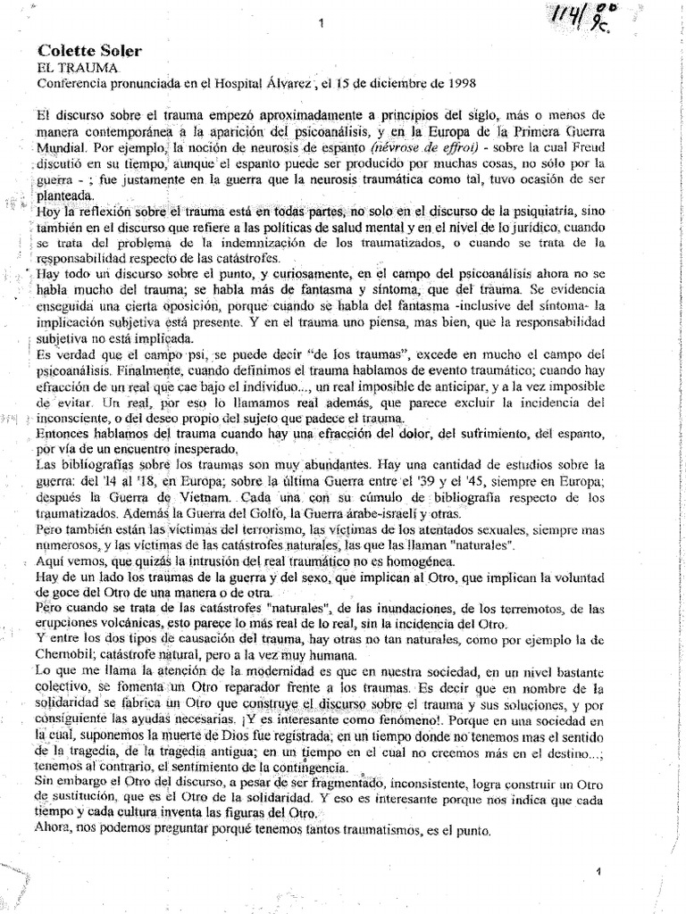 Colette Soler EL TRAUMA | PDF | Trauma psicólogico | Psicoanálisis