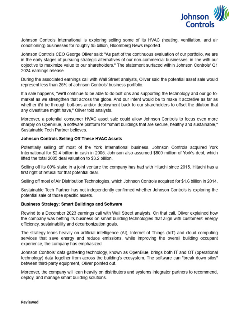 Johnson Controls Explores HVAC Asset Sale | PDF | Internet Of Things ...