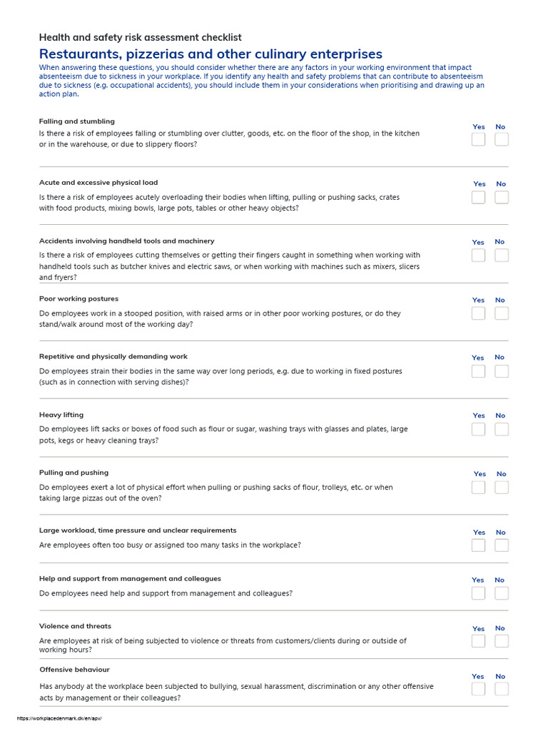 Restaurants Pizzerias Checklist | PDF | Occupational Safety And Health ...