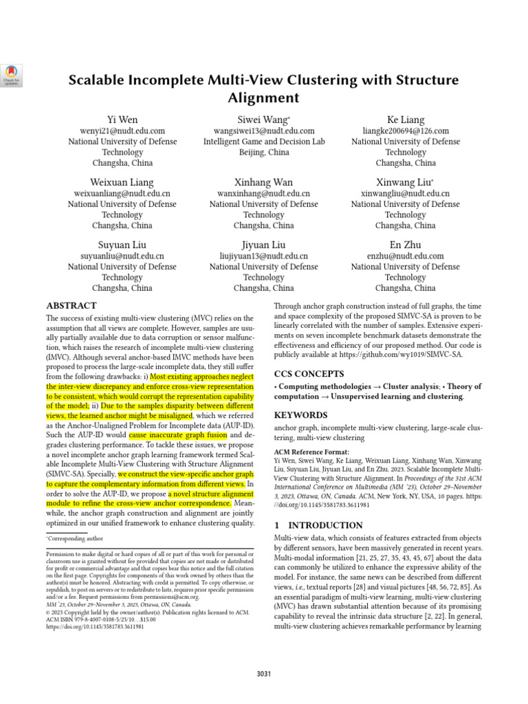 ACM'MM'23 - Scalable Incomplete Multi-View Clustering With Structure Alignment | PDF | Matrix ...