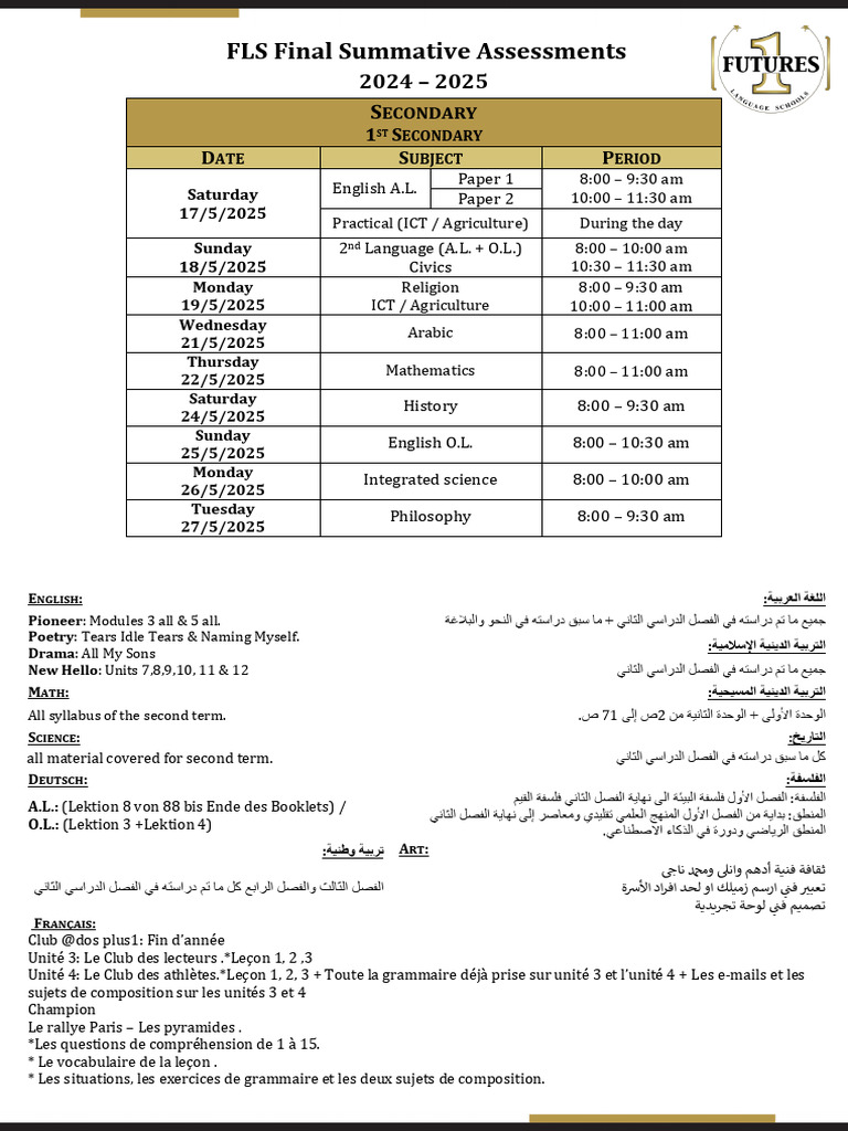1st Secondary FLS Final 2025 Assessment Schedule | PDF