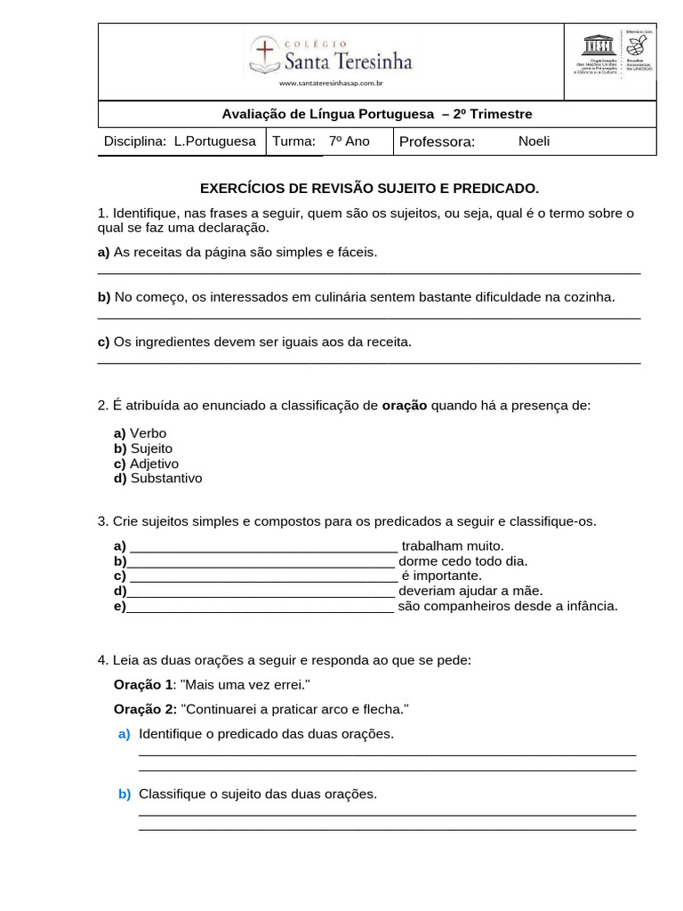 7º Ano - Exercícios de Revisão Sujeito e Predicado - 2º Trim 2025 | PDF | Assunto (gramática ...