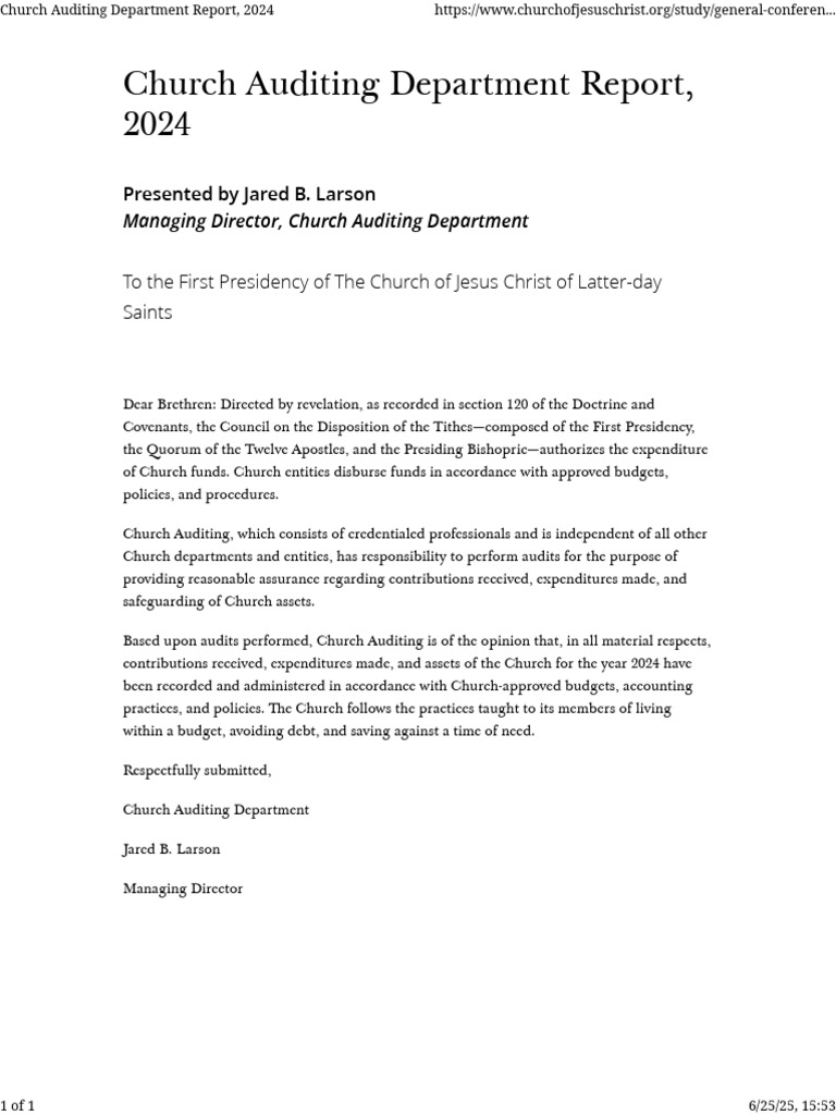 Church Auditing Department Report, 2024 | PDF