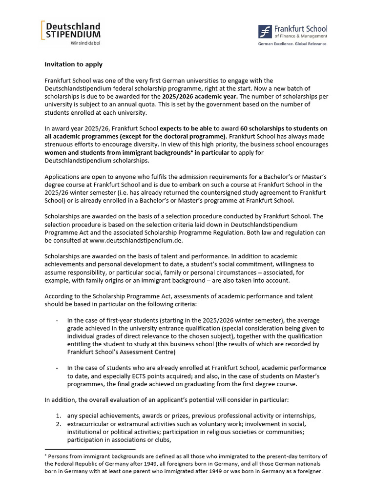 FS-Deutschlandstipendium 2025 - Invitation To Apply | PDF | Academic Degree | Educational Stages