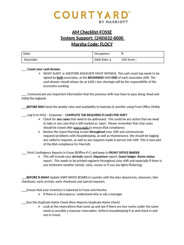FOSSE AM Shift Checklist for Marriott | PDF