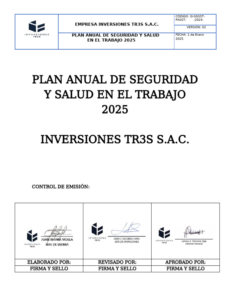 Plan Anual de SST - I3 - 2025 Actualizado . | PDF | Seguridad y salud ocupacional | Outsourcing