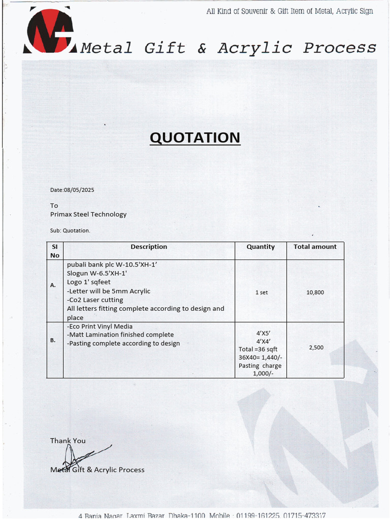 Quotation: To Primax Steel Technology | PDF