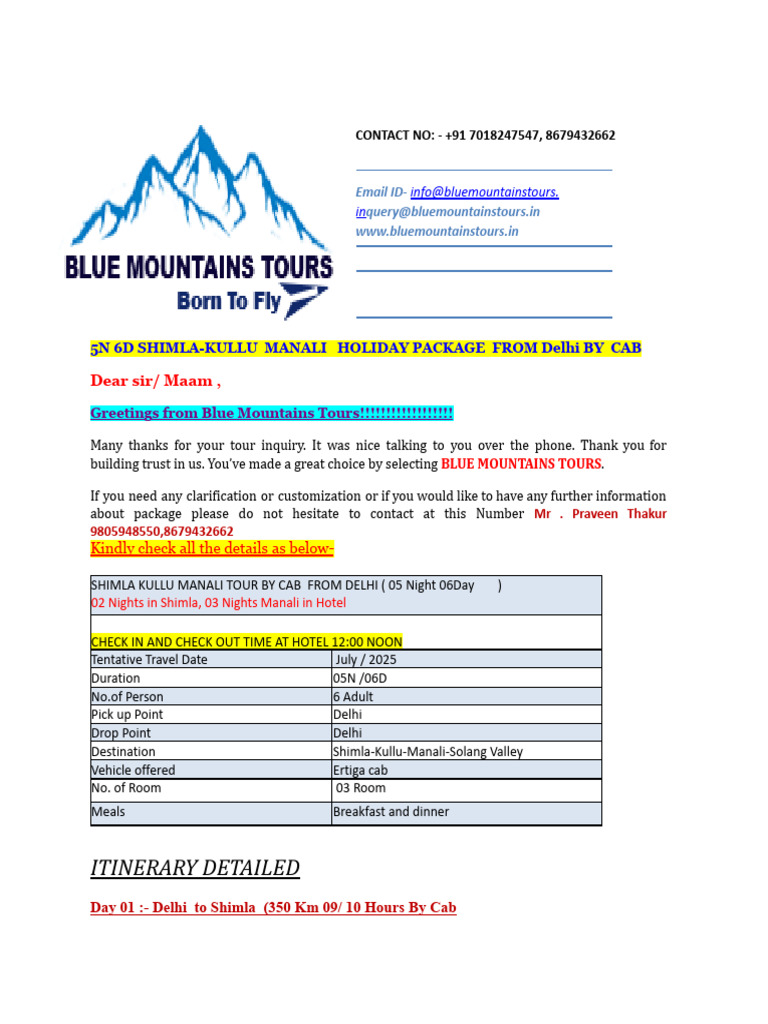 Dear Sir - Maam, 5 Night 6 Days Shimla Kullu Manali Tour Package From Delhi by Cab.. | PDF ...