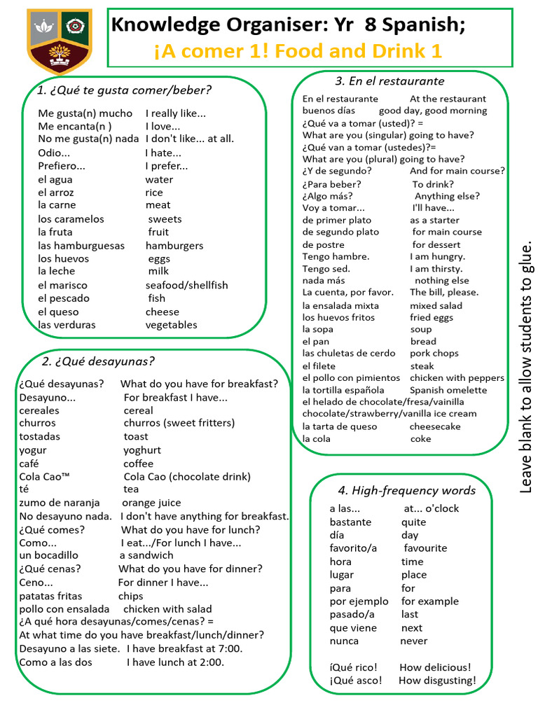KO Year 8 Spanish Food and Drink Spring 1 | PDF | Lunch | Foods
